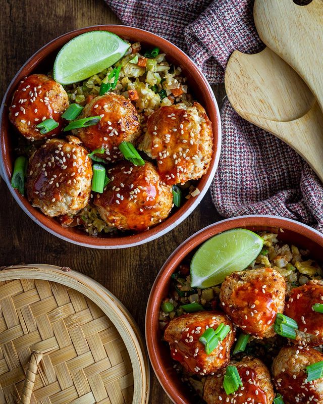 Maple Sriracha Chicken Meatballs Fried Cauli-Rice Bowls Recipe